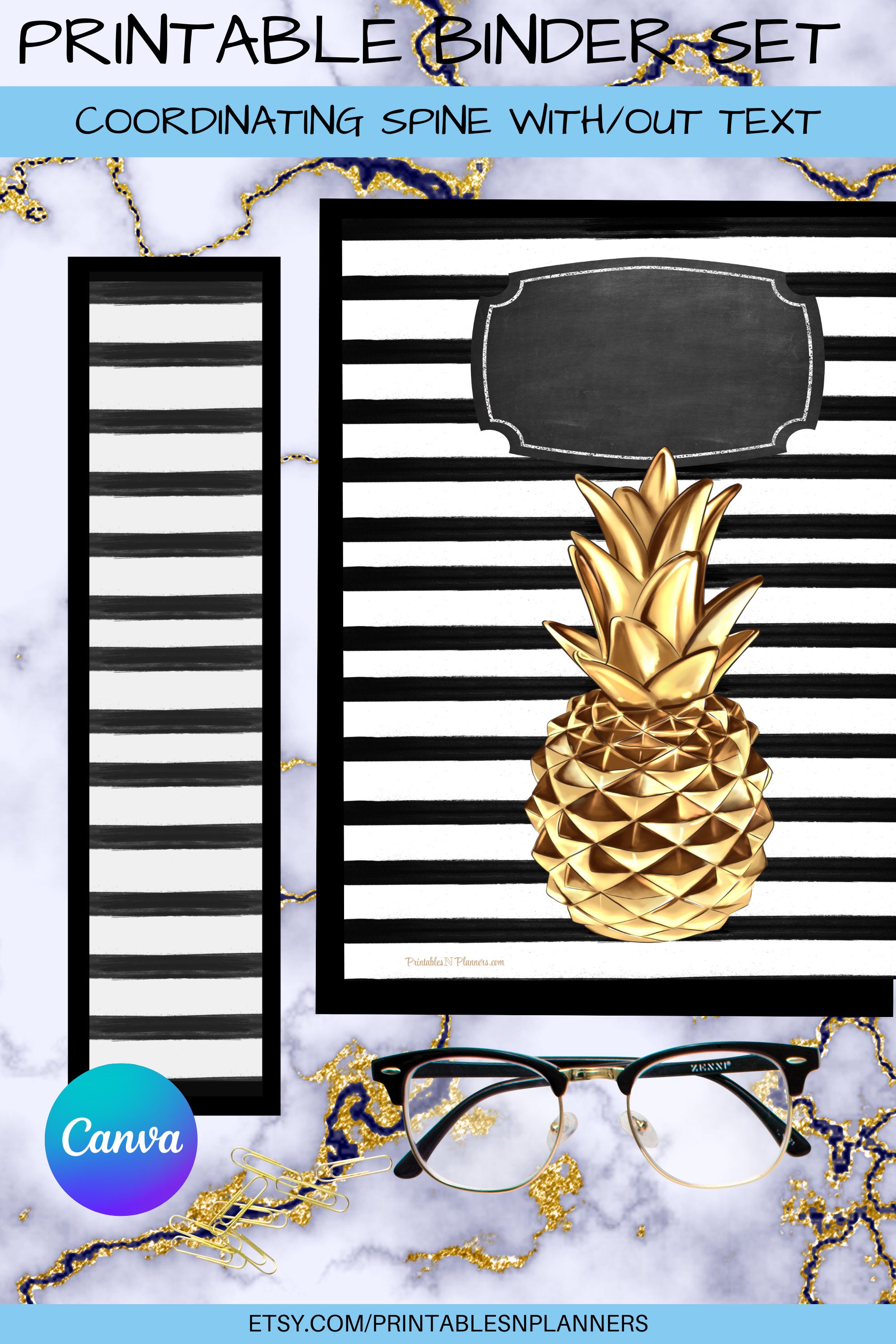 Black and White Gold Pineapple Printable Binder Cover Set, Cover Spine ...
