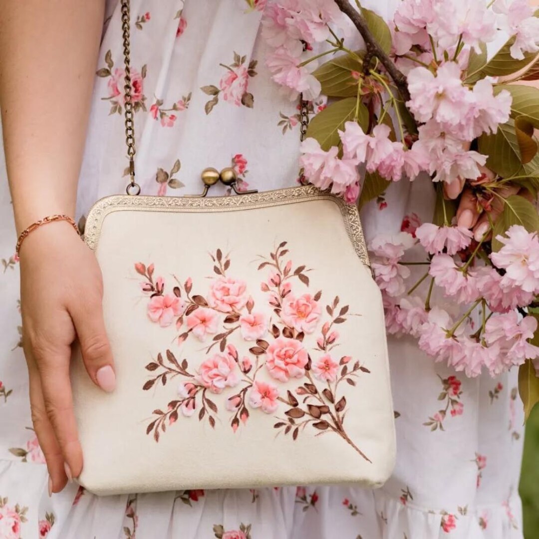 Elegant Pink Rose Embroidered Purse – Handmade Floral Clutch Bag ...