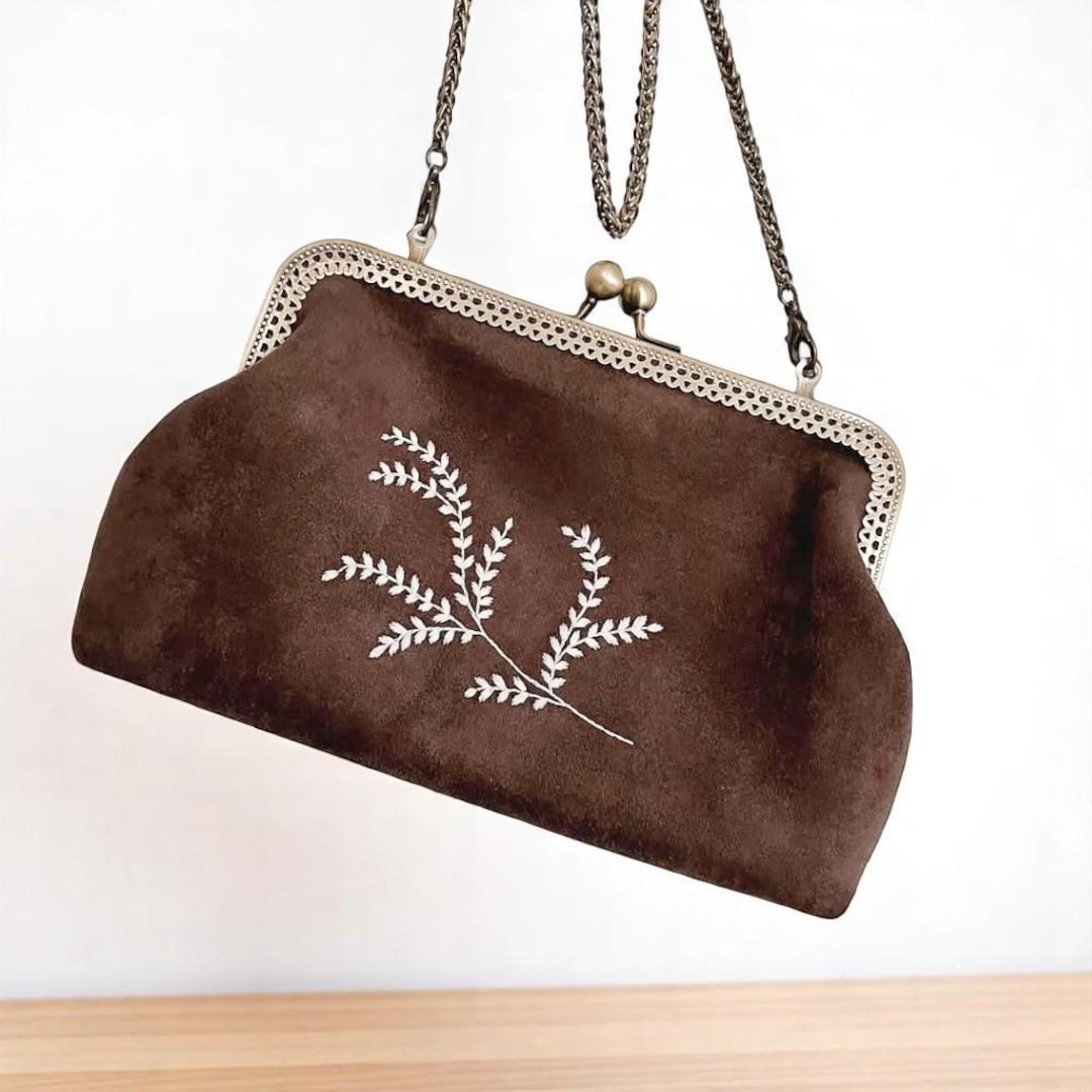 Custom Suede Clutch With Fern Embroidery, Personalized Vintage Frame ...