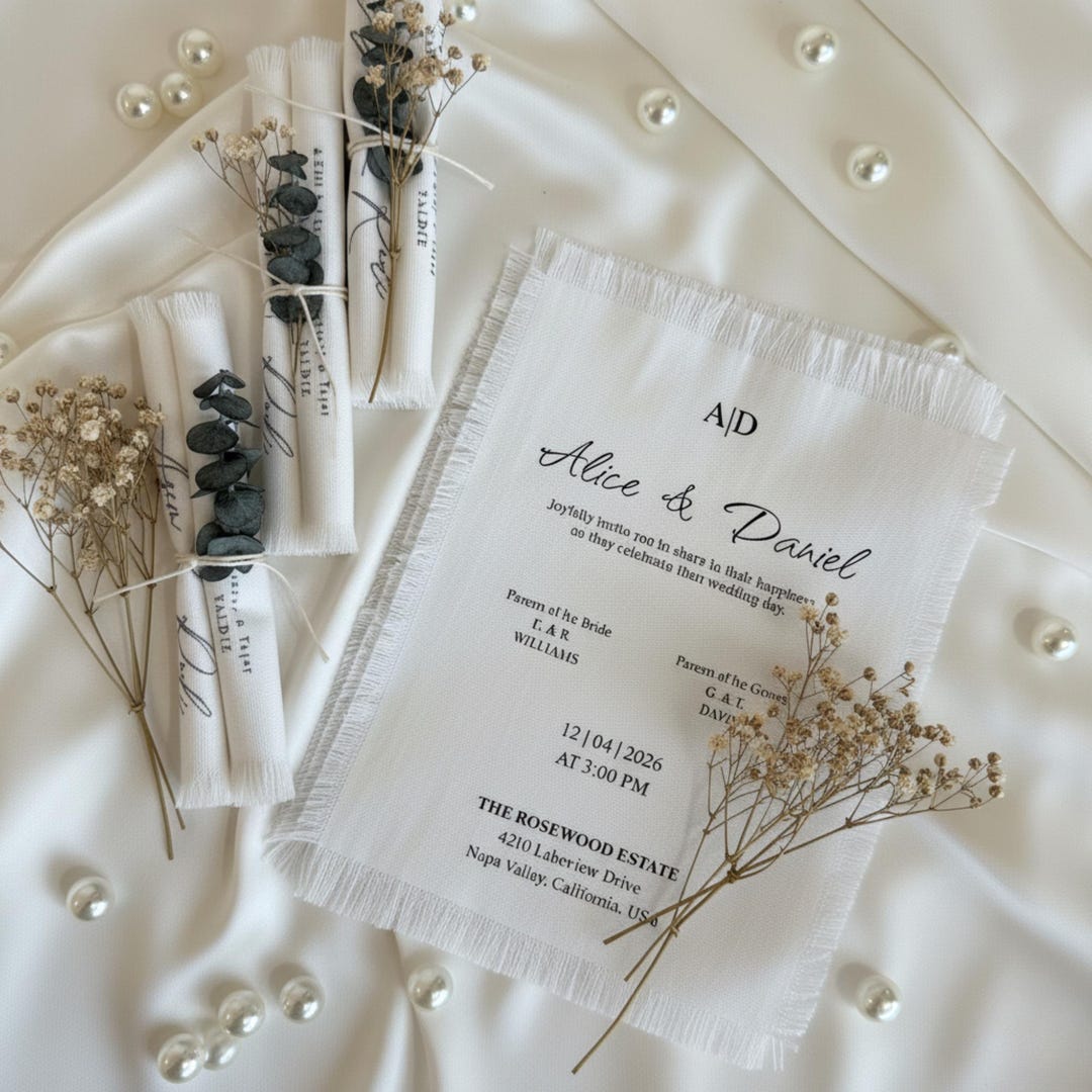 Fabric Wedding Invitations: Dried Floral Accents, Rustic Twine - Etsy