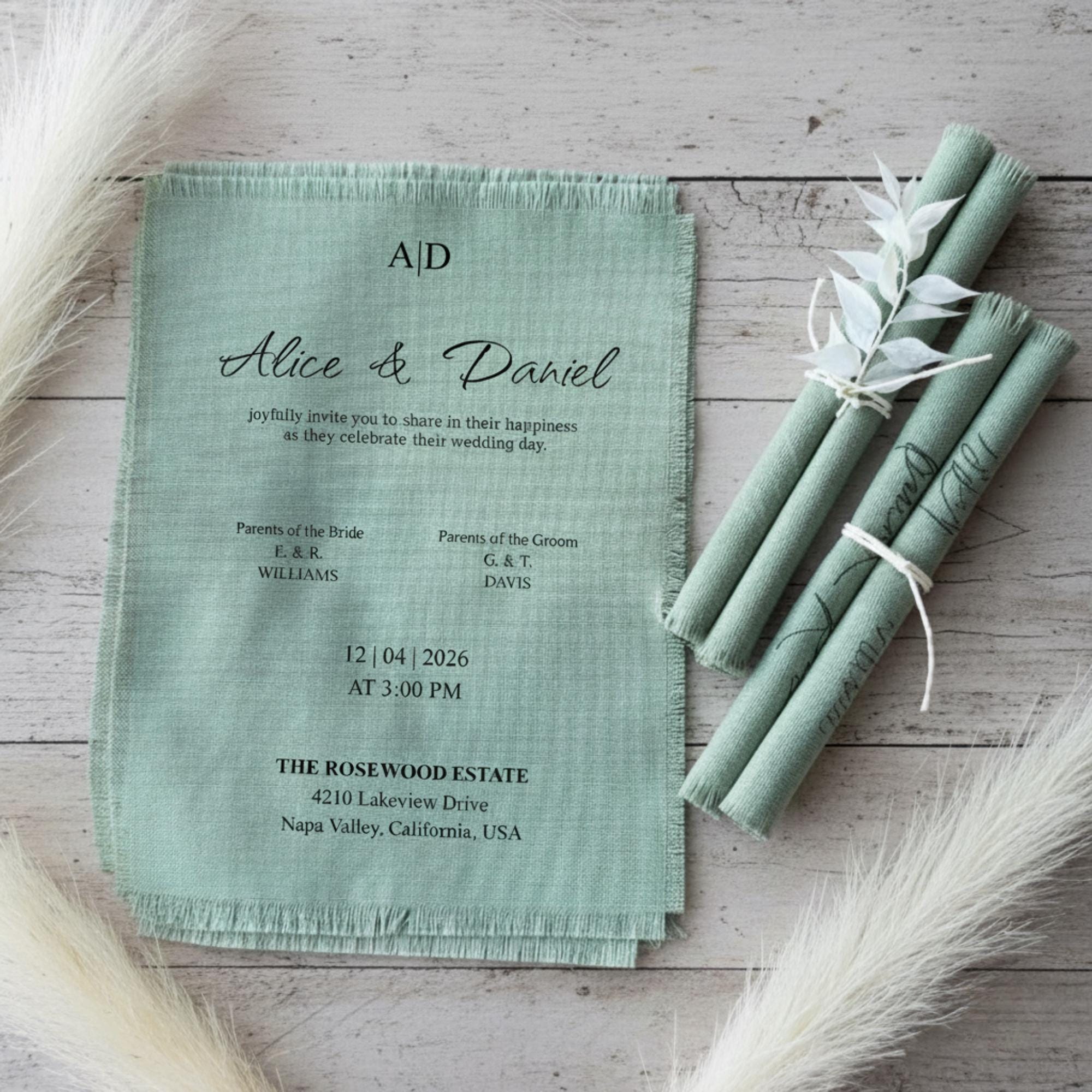 Fabric Wedding Invitations: Dried Floral Accents, Rustic Twine - Etsy