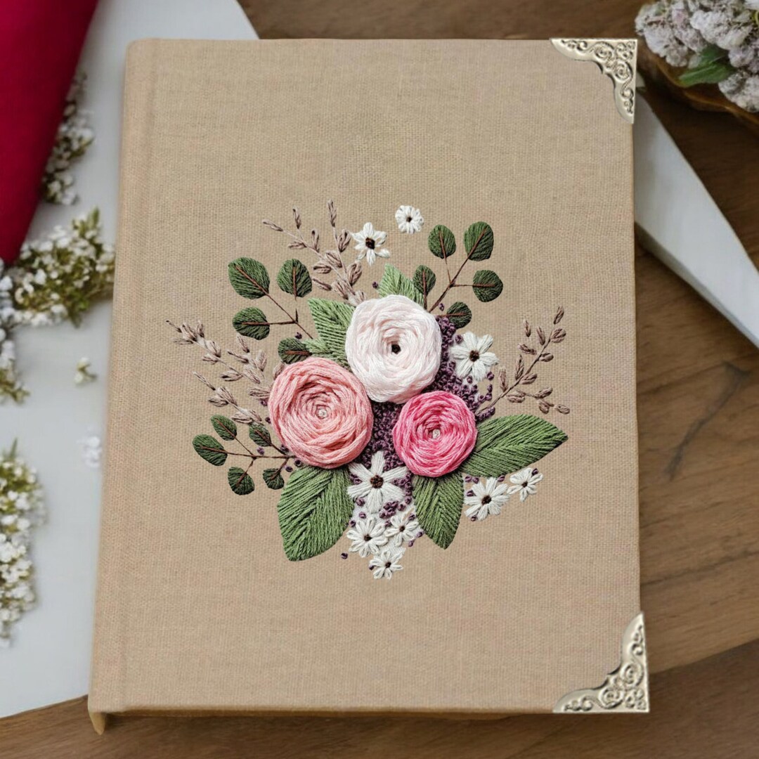 Custom Hand Embroidered Notebook, Handmade Fabric Notebook, Flower ...