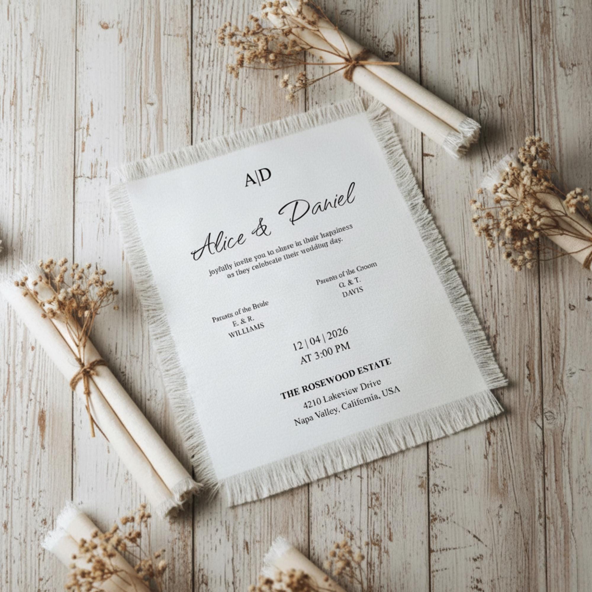 Fabric Wedding Invitations: Dried Floral Accents, Rustic Twine - Etsy