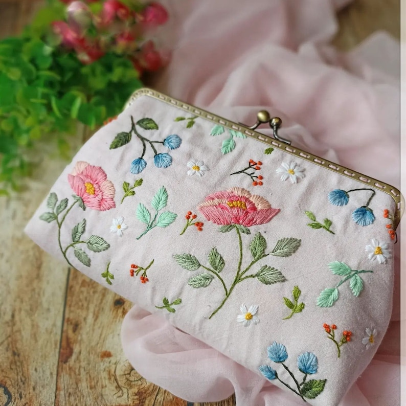 Personalized Hand Embroidered Flower Bag, Linen Wallet With Photo ...