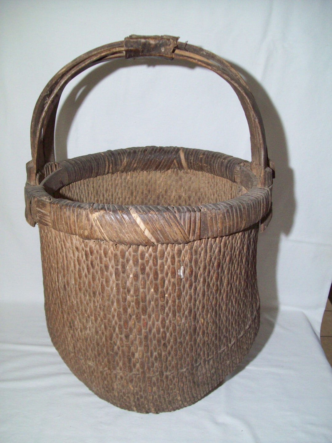 Antique Asian Hand-woven Rice Gathering Basket ~ Bentwood Handle ...