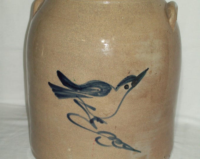 Primitive Blue-bird Stoneware Crock Awesome Cobalt Blue Design Displays ...