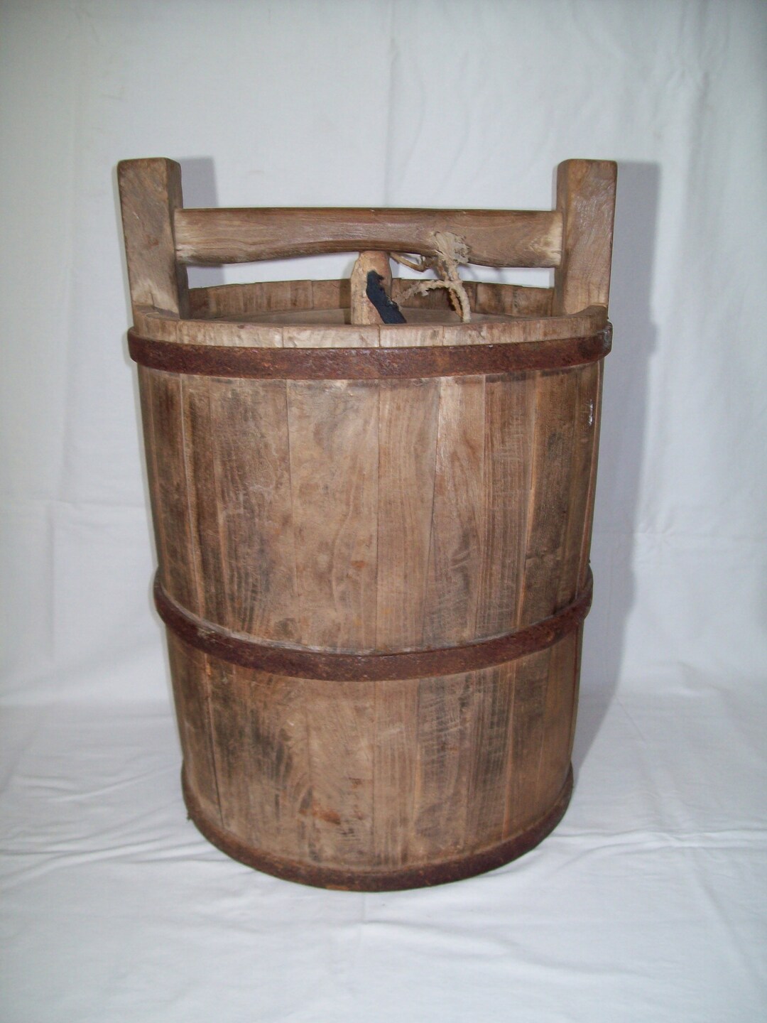 Primitive Wooden Well Bucket With 2 Wood Plugs, Has Iron Banding ...
