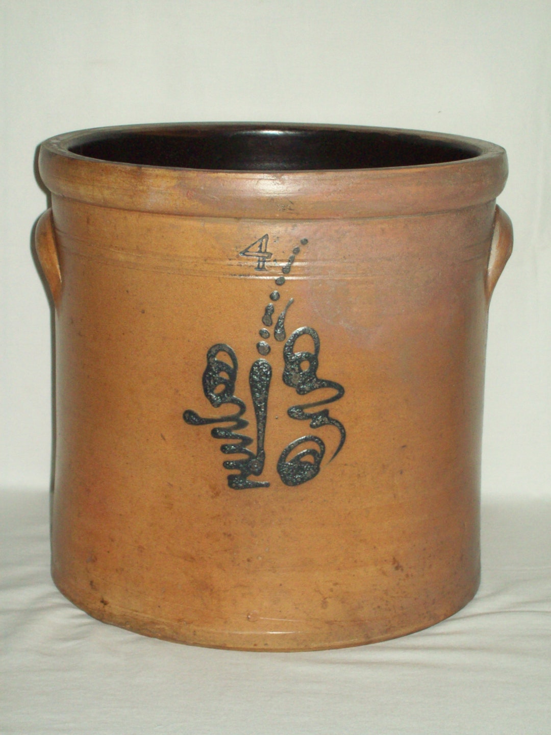 Primitive #4 Stoneware Crock ~ Great Cobalt Blue Design ~ Displays Well ...