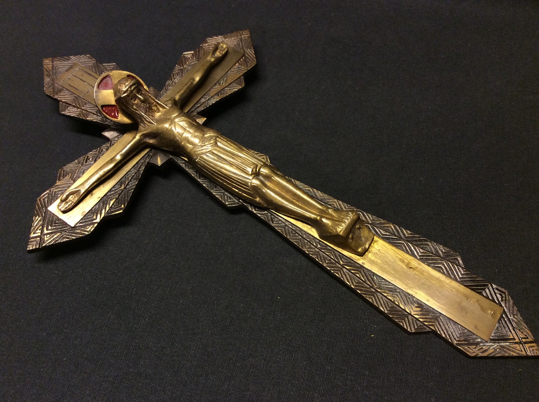 Vintage Art Deco Crucifix, Jesus Christ, Copper Jesus on Bronze Cross ...