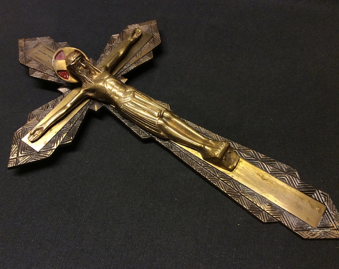 Vintage Art Deco Crucifix, Jesus Christ, Copper Jesus on Bronze Cross ...