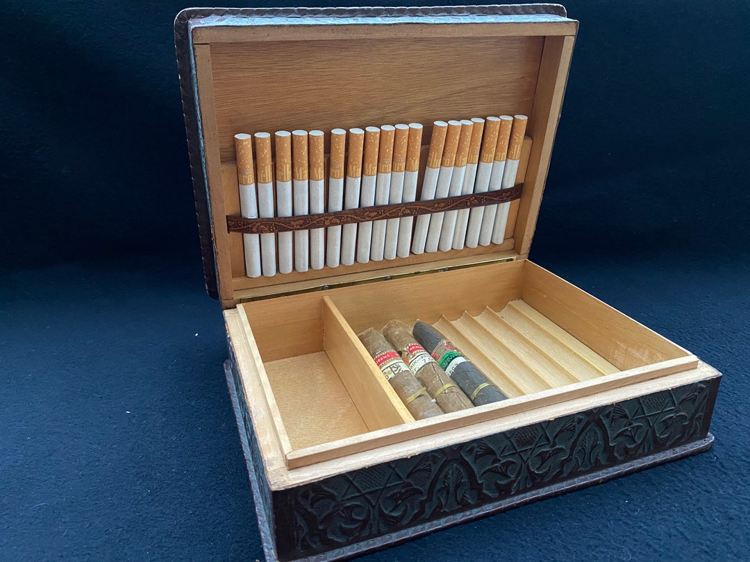 Embossed Leather Cigar & Cigarette Storage Box, Wooden Humidor - Etsy