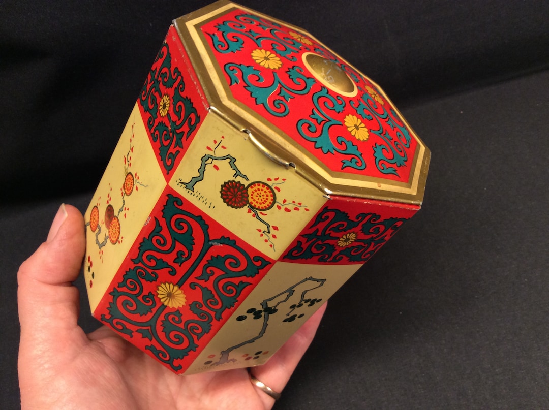 Vintage Octagon Shape Oriental Floral Biscuit Tin Box / Metal Box ...