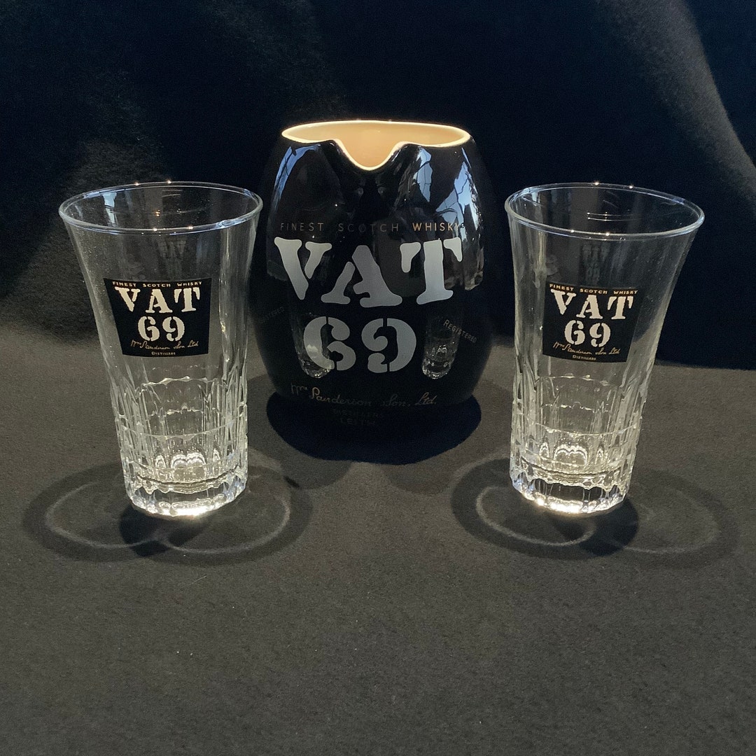 A Vintage VAT 69 Finest Scotch Whisky Jug and 2 Vintage VAT 69 Glass ...