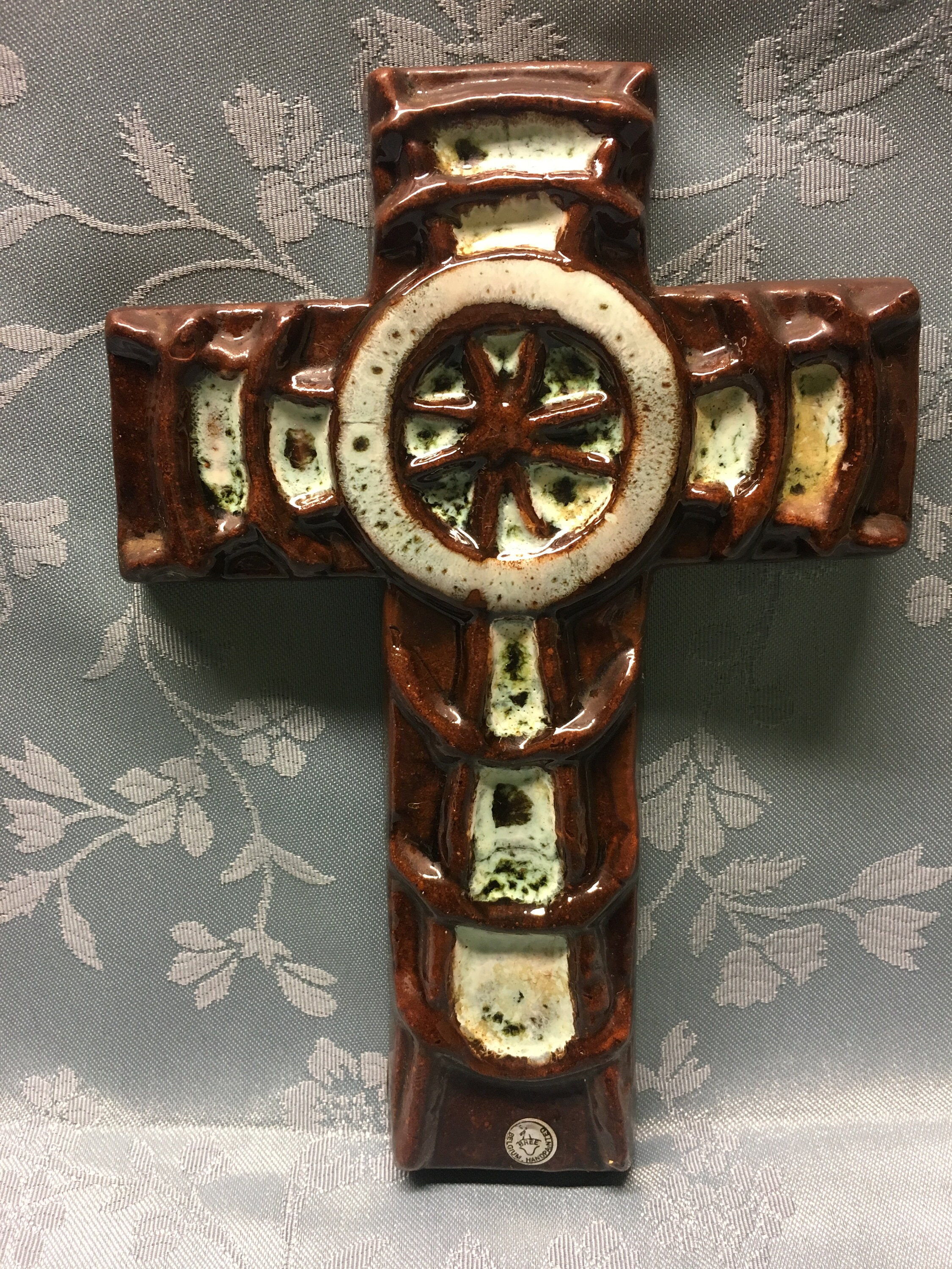 Vintage Glazed Ceramic Crucifix: Brown Green Pectoral Cross - Etsy