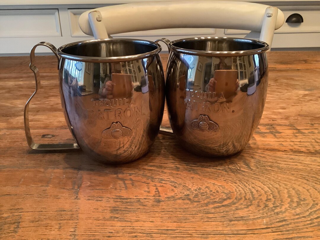 2 Tequila Patron Metal Mugs With Handle, Name and Relief Logo of a ...