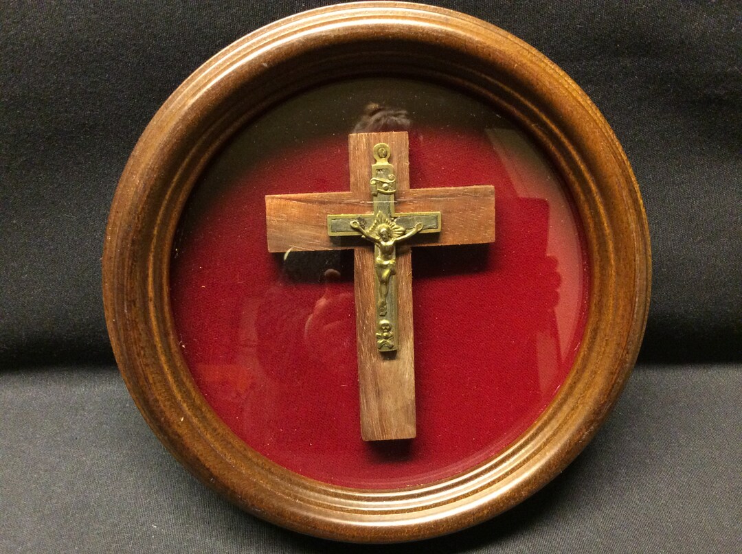 A Vintage in Doomed Glass, Round Framed, Reliquary Pendant Crucifix ...