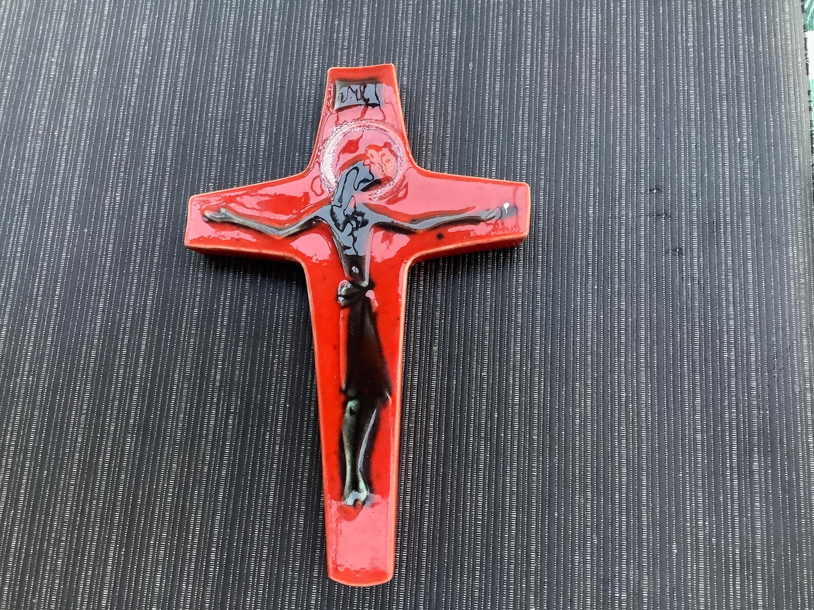 Vintage Red Glazed Ceramic Crucifix, Mid-century Modern Religious Cross ...
