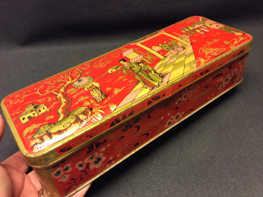 Vintage Red, Golden Oriental Tin, With Hinged Lid, With Japanese ...
