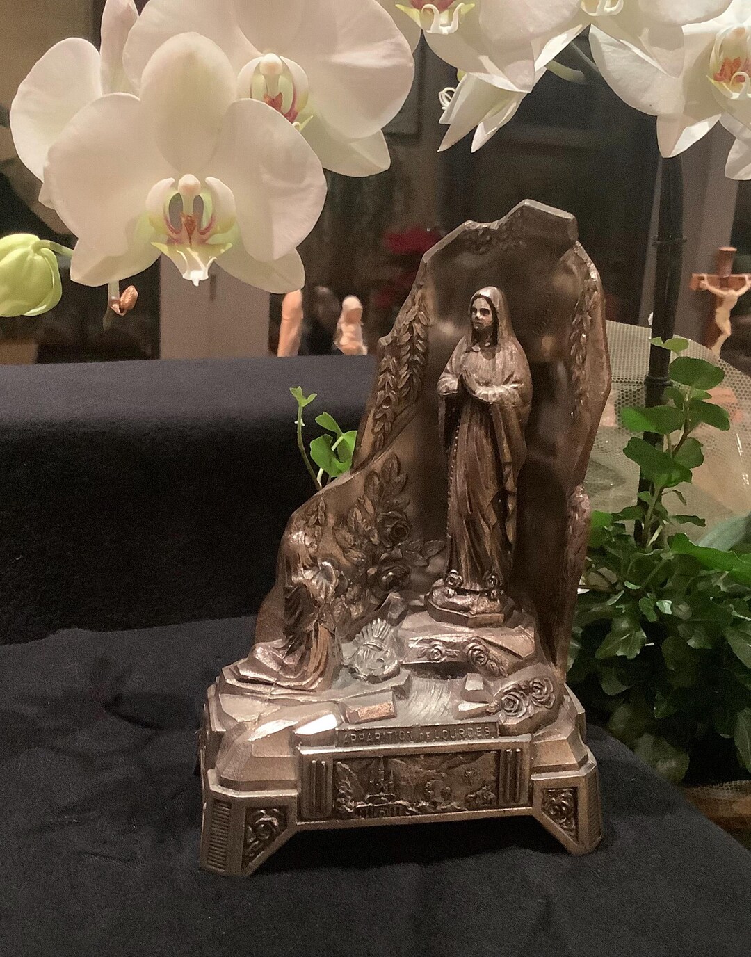 A Vintage Lourdes Music Box Grotto Cast Metal Statue Representing ...