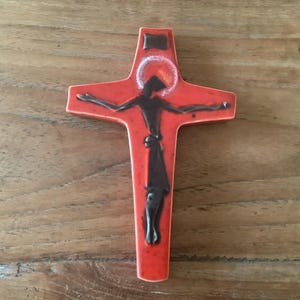 Vintage Red Glazed Ceramic Crucifix, Mid-century Modern Religious Cross ...