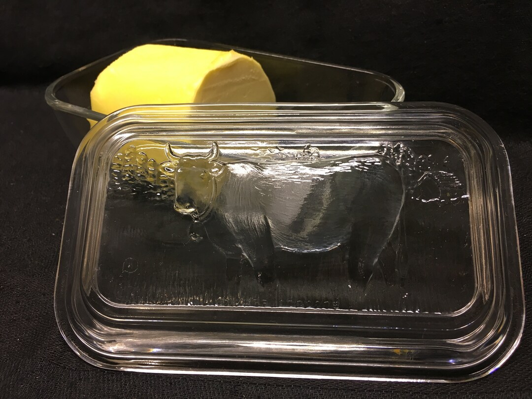 Vintage Pressed Ribbed Glass Butter Dish With a Relief Cow Design on ...