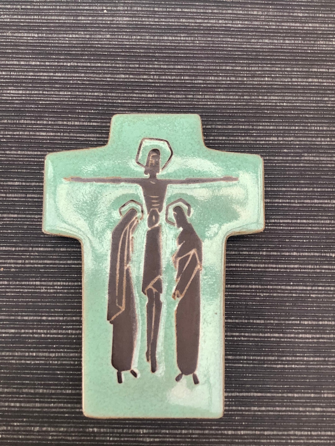 Vintage Green Glazed Liturgical Cross Crucifix Religious Christian ...