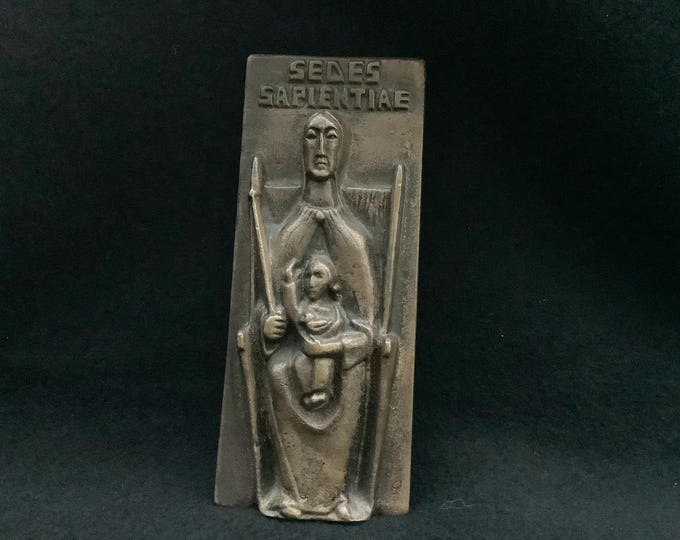 A Vintage Small Heavy Bronze Plaque of the Seat of Wisdom Holy Mother ...