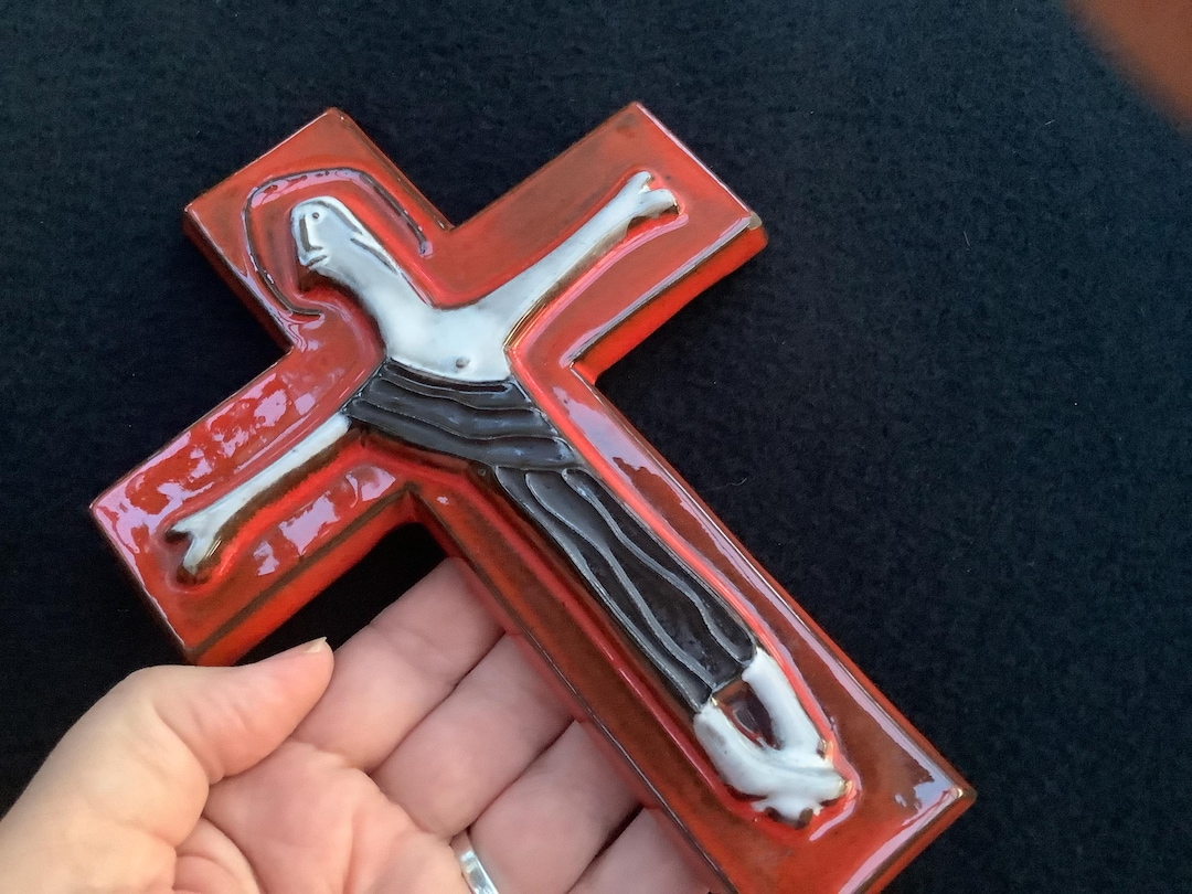 Vintage Red Glazed Liturgical Cross Crucifix, Modern Style , Made by ...