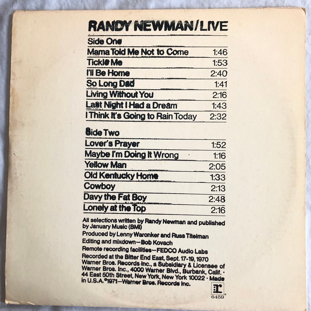 Randy Newman Live Reprise 1971 Vintage Vinyl Record Album - Etsy