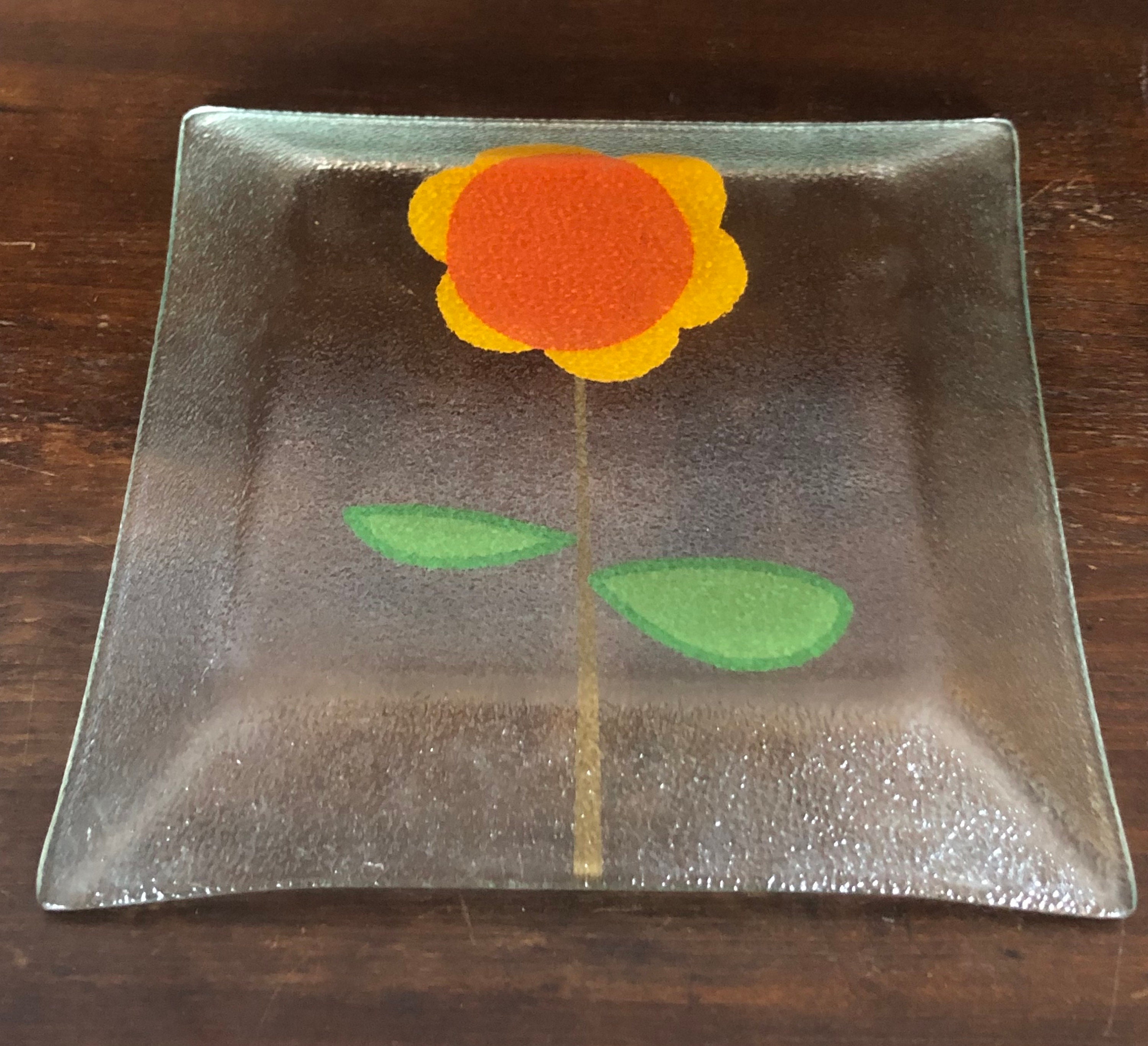 Square Textured Glass Plate With Painted Flower - Etsy