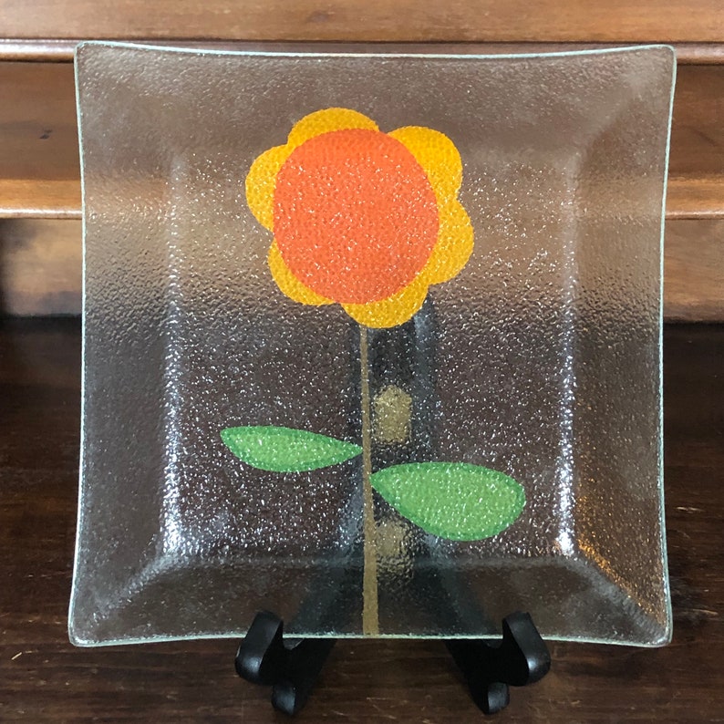 Square Textured Glass Plate With Painted Flower - Etsy