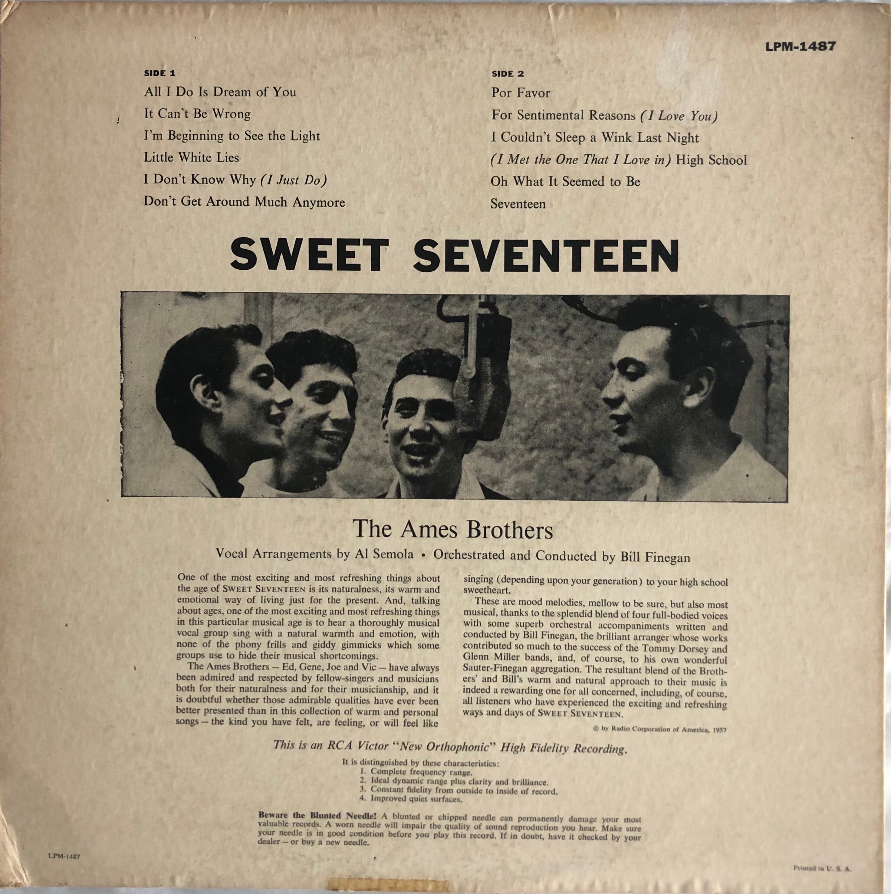 The Ames Brothers Sweet Seventeen With Bill Finegan and His Orchestra ...