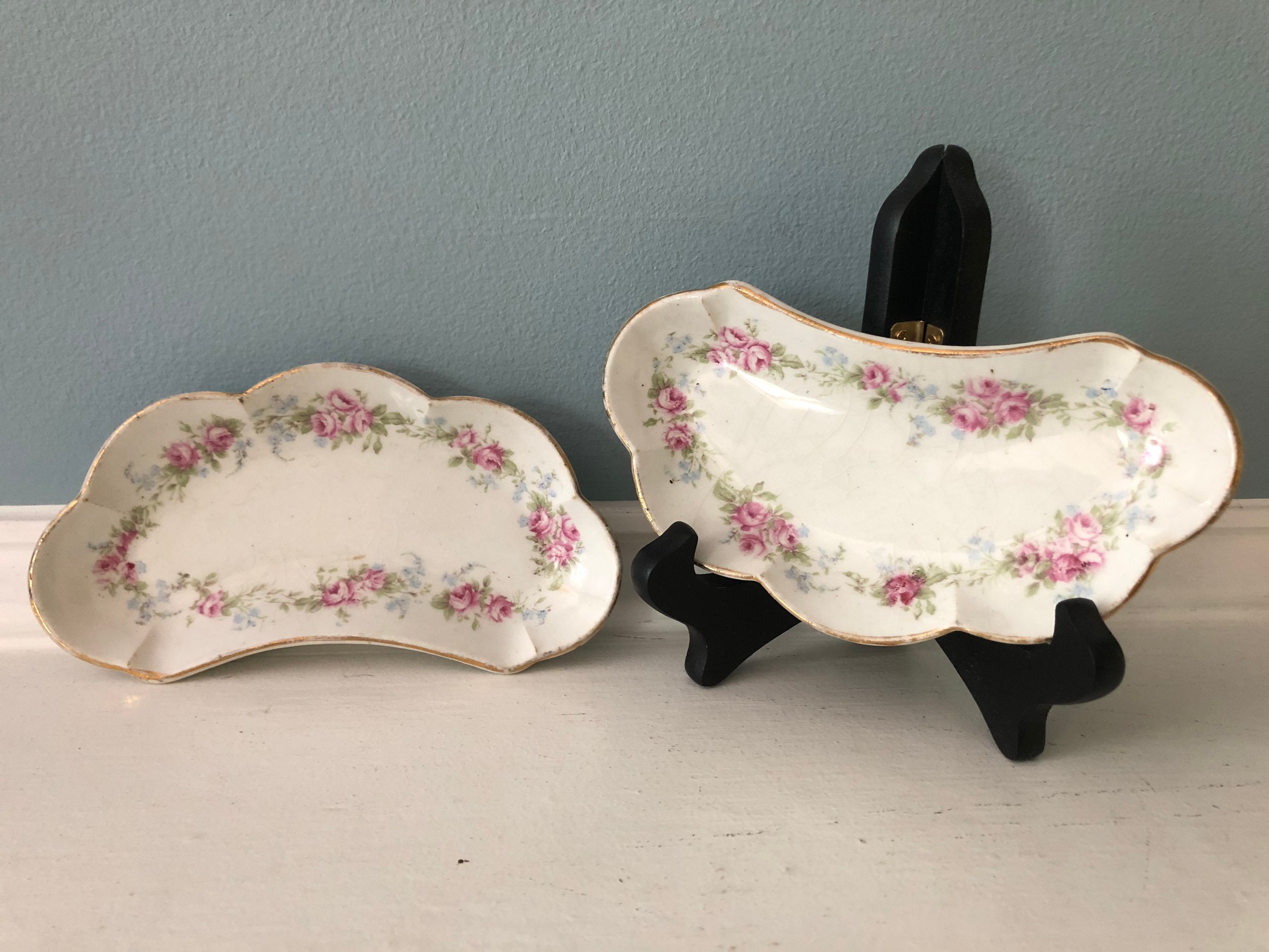 Pair of Crescent-shaped China Dishes With Rose Motif - Etsy