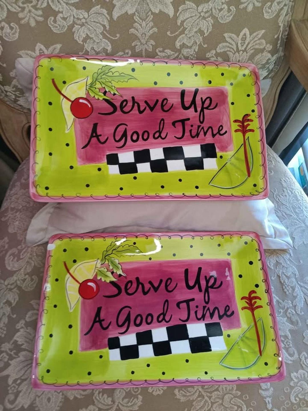 2 Green Pink Rectangular Ceramic Serving Trays - 14" X 9" - or Deltona ...