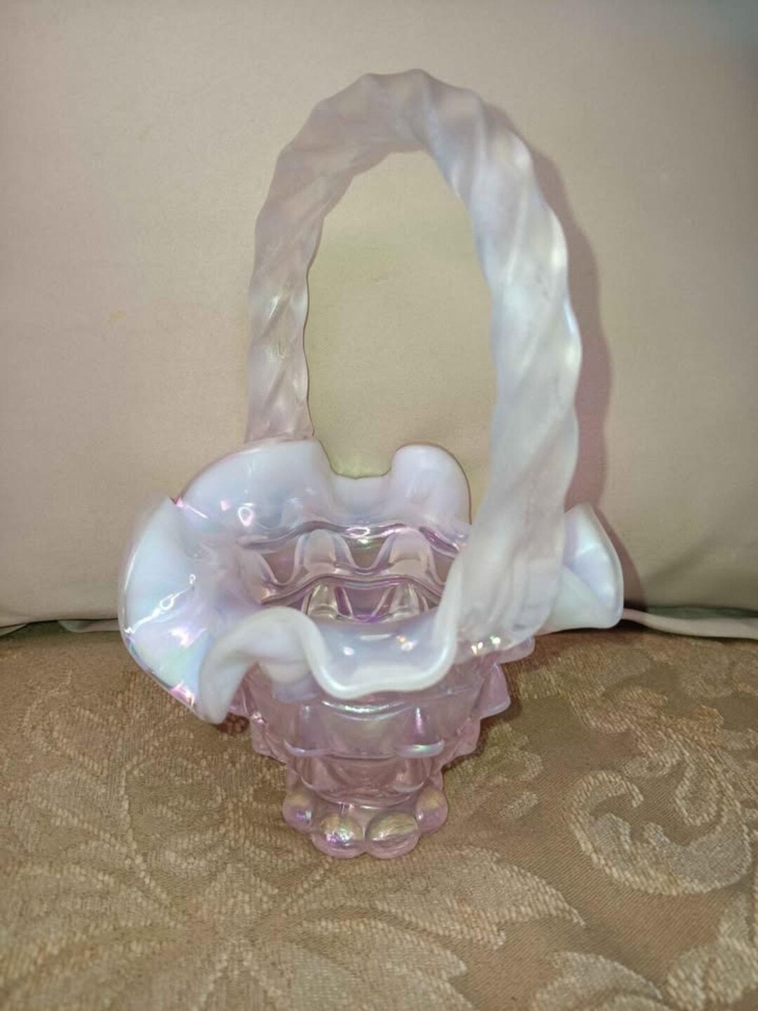 Fenton Pink Glass Opalescent Lambs Tonque Scalloped Glass Basket W ...