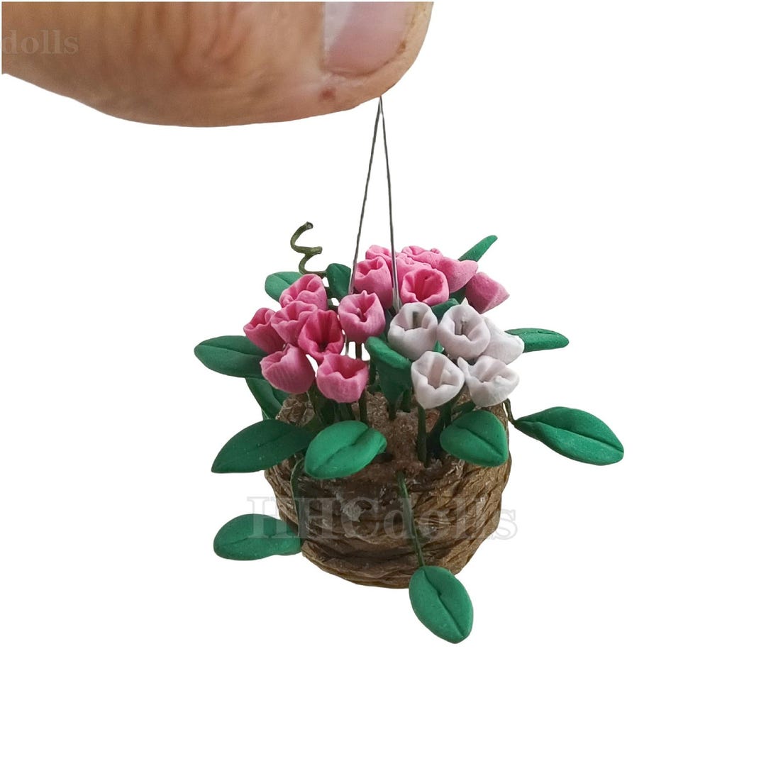 Dollhouse 1:12 Scale Miniature Hanging Basket Plants Clay Flower Model ...