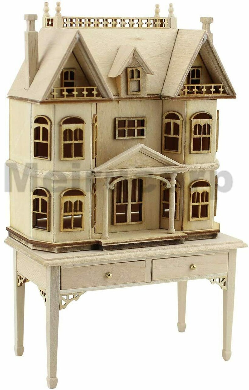1/144 Scale Miniature Dollhouse Kit: Unpainted Wooden House on Table 1/ ...