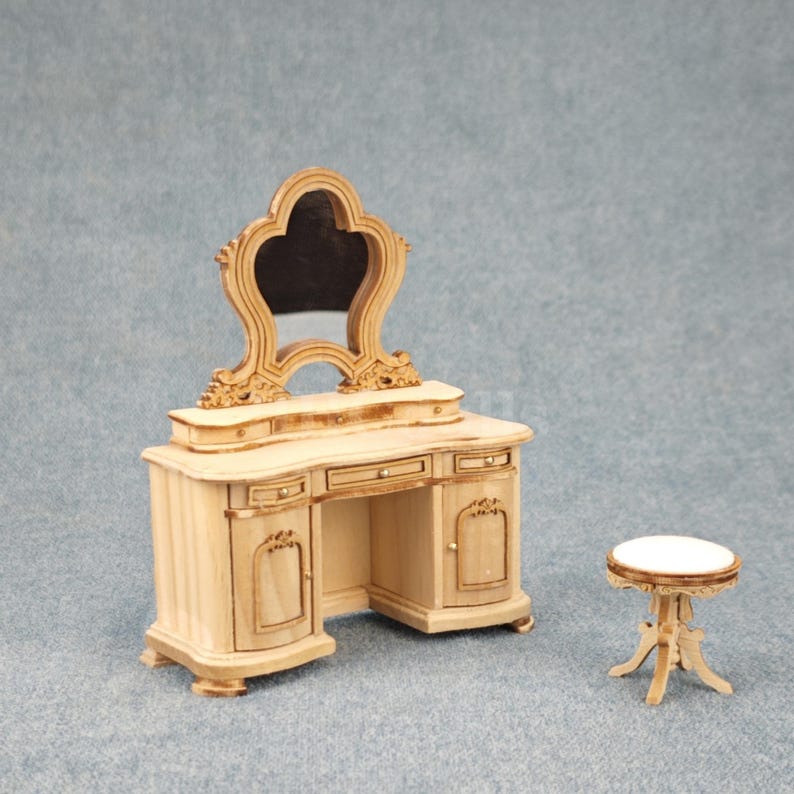 Miniature Dollhouse 1:12 Scale Model Bedroom Dressing Table and Stool ...
