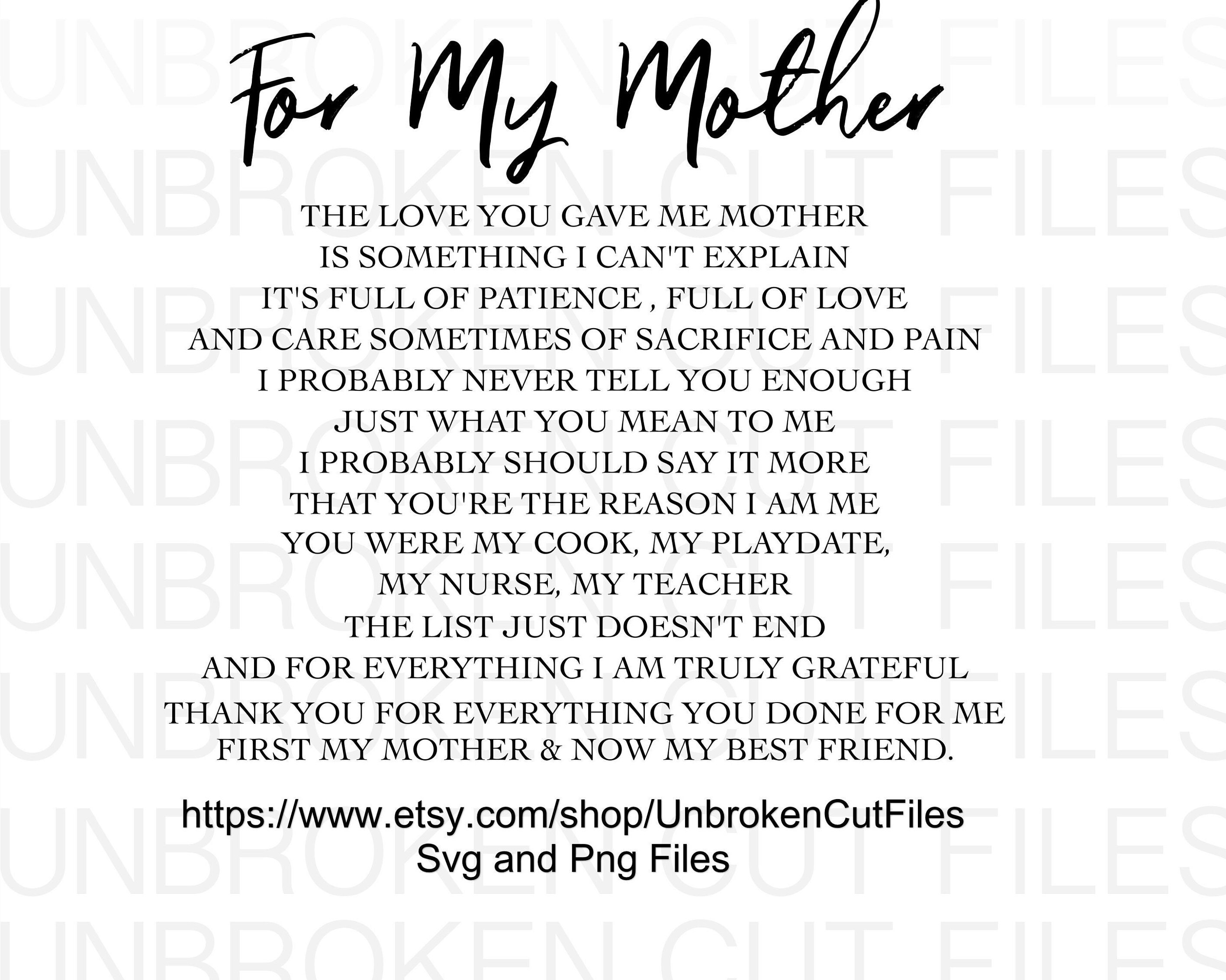 For my mother Mothers Day svg Mom Poem svg Mom Quote svg | Etsy