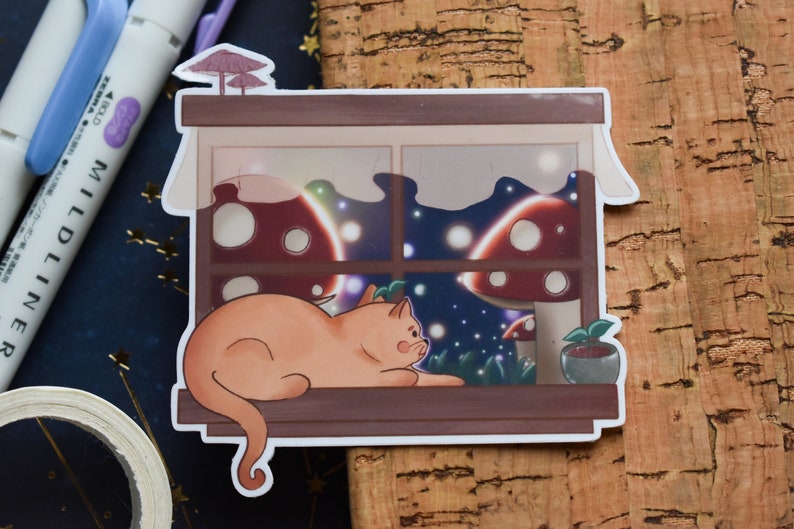 Mushroom Cottage Core Cat Sticker Fairy Garden Sticker - Etsy
