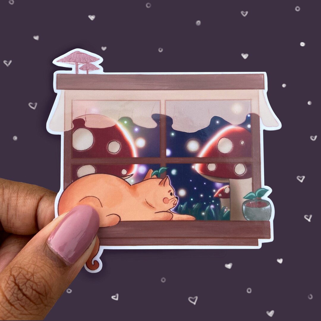Mushroom Cottage Core Cat Sticker, Fairy Garden Sticker, Magical ...