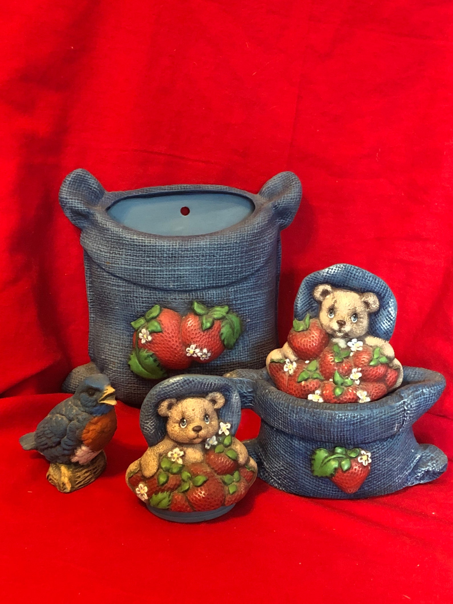 Ceramic 5 Piece Burlap Containers With Strawberries and Bear - Etsy