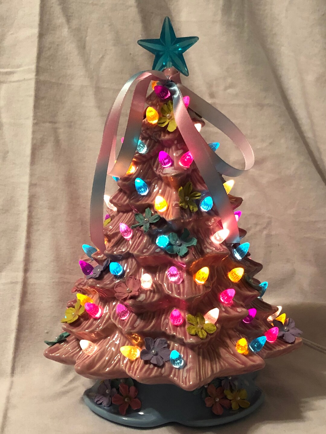 Handmade Ceramic Spring Tree Ornament: Multicolor Bulbs, Aqua Star - Etsy