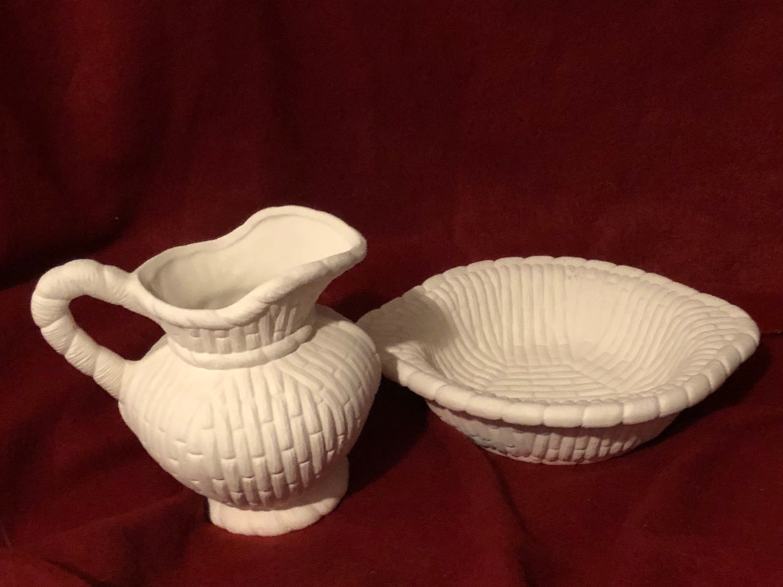 Rare Vintage 2 Piece Ceramic Pitcher and Bowl Set in bisque | Etsy