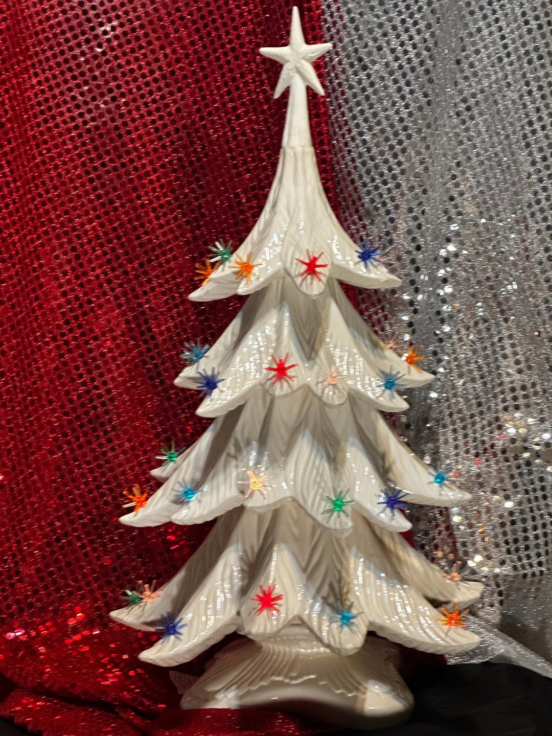 Star-topped Christmas Tree With Multicolor Bulbs and Base - Handcrafted Ornamented Xmas Tree ...