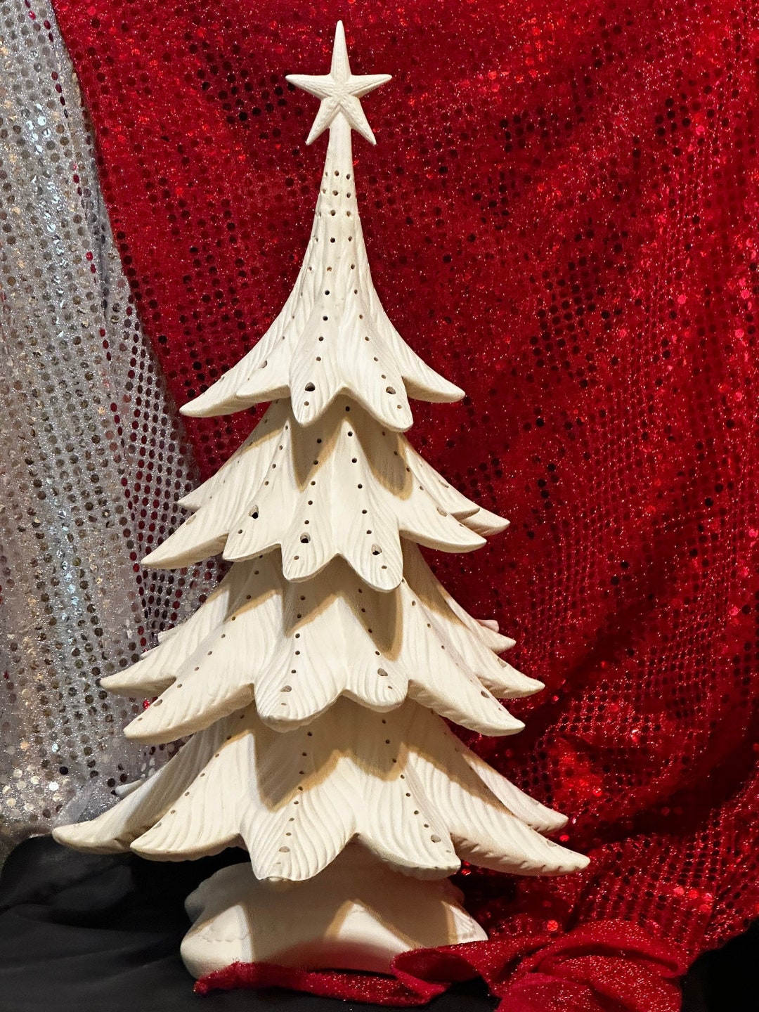 Star-topped Christmas Tree With Base - Handcrafted Ceramic Bisque Xmas ...