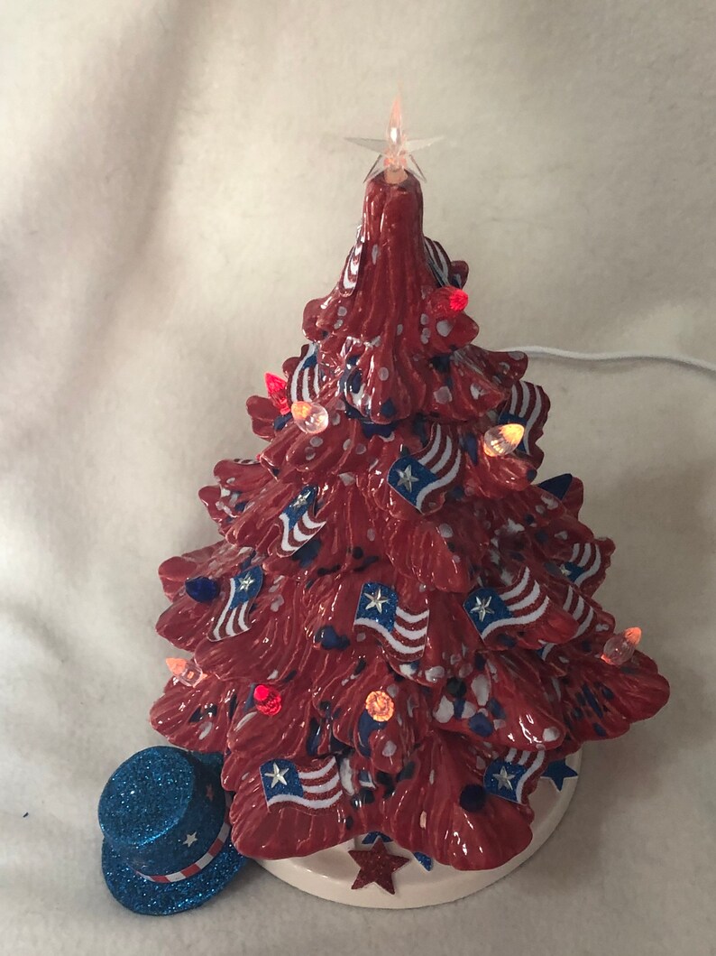 Red Glazed Ceramic Independence Day Tree With Blue and White - Etsy