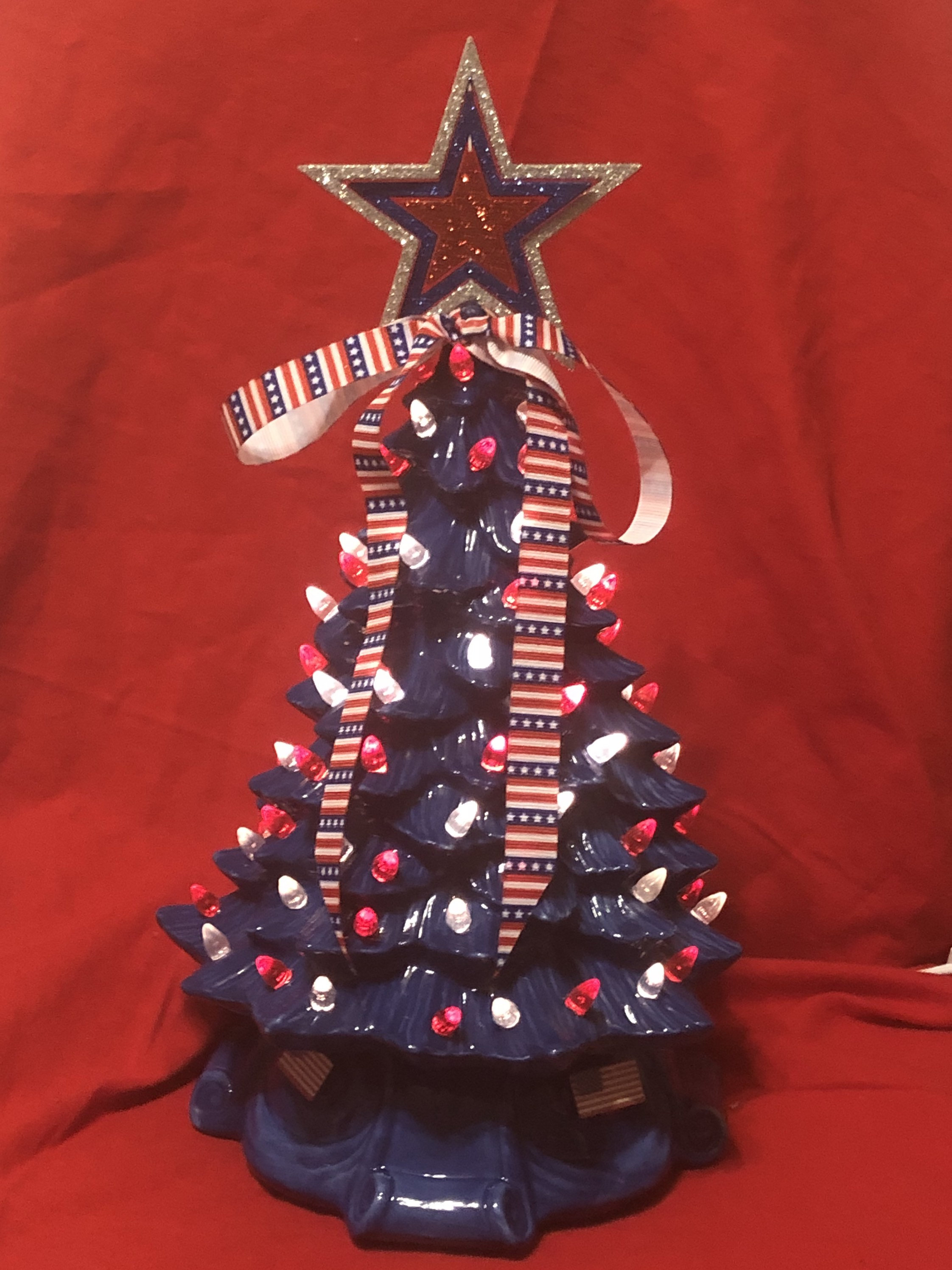 Ceramic Patriotic Ornament Tree with flag ribbon and star on top by ...