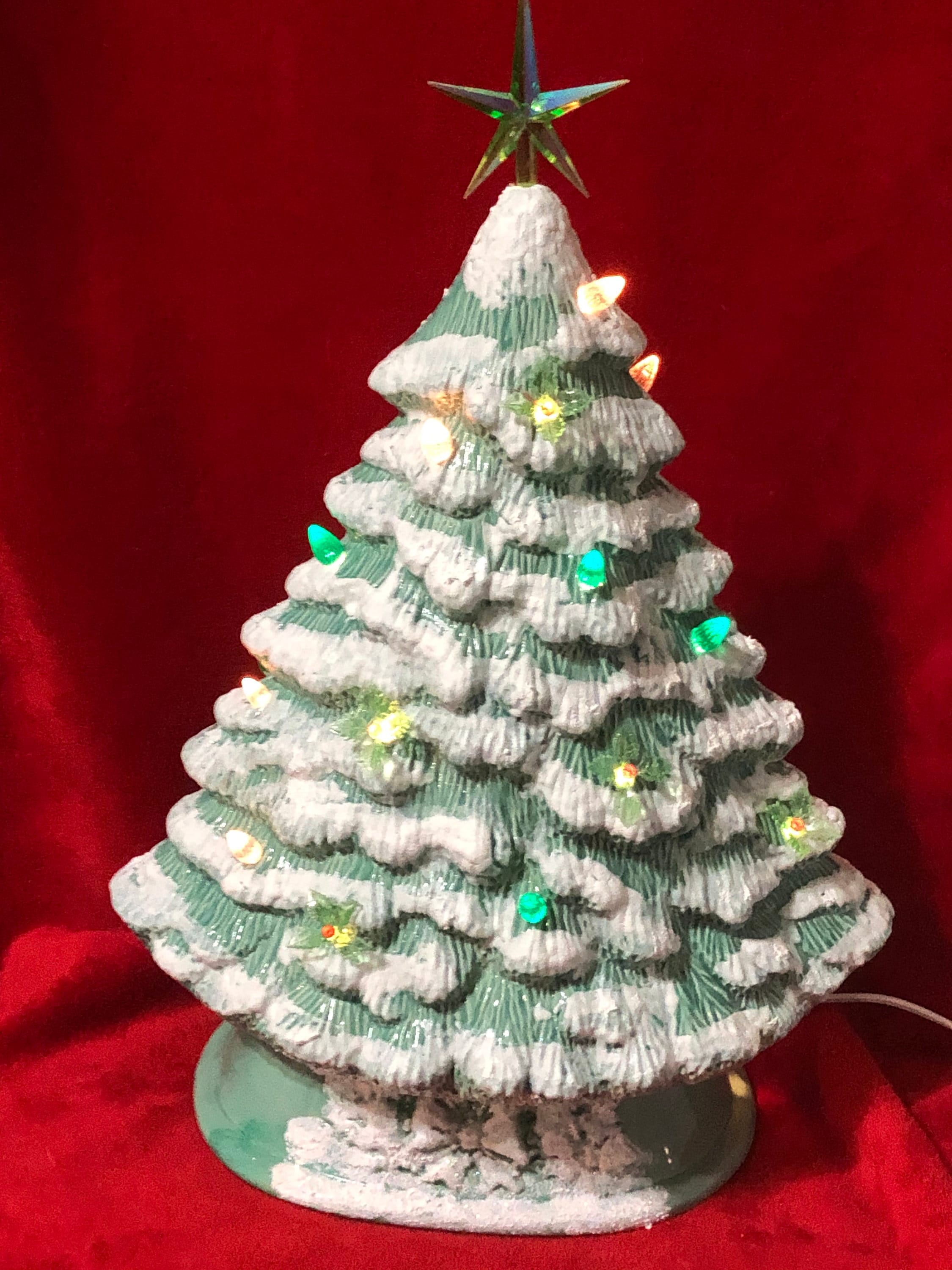 Green Glazed Ceramic Christmas Tree with white, green and holly leaf ...