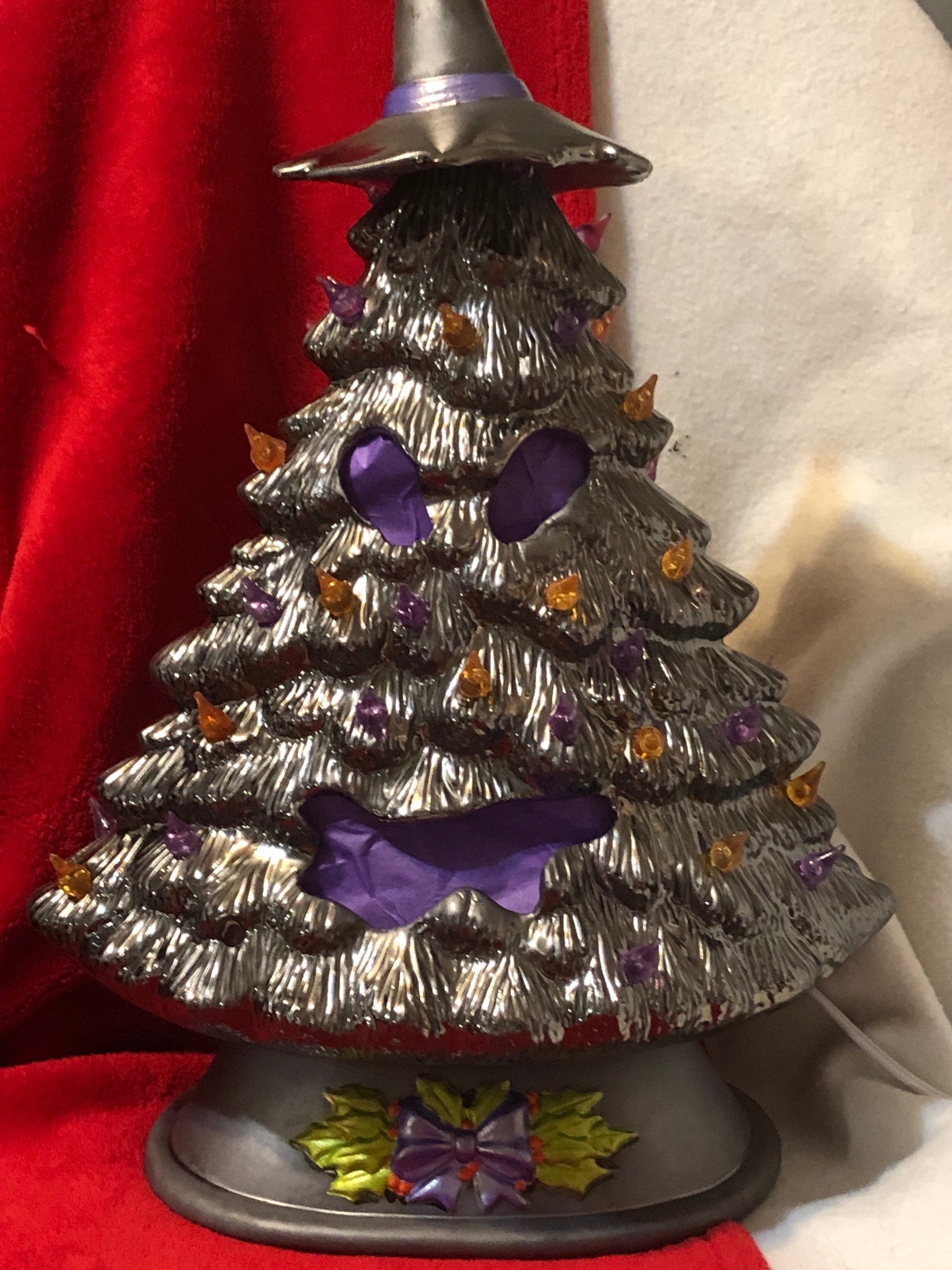 Glazed Black Ice Ceramic Mantle Halloween Tree with orange and purple ...